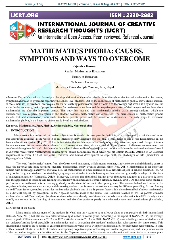 (PDF) Mathematics Phobia: Causes, Symptoms and Ways to Overcome