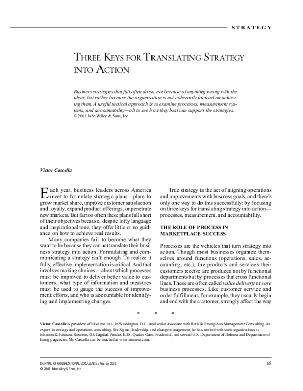 (PDF) Three Keys for Translating Strategy into Action