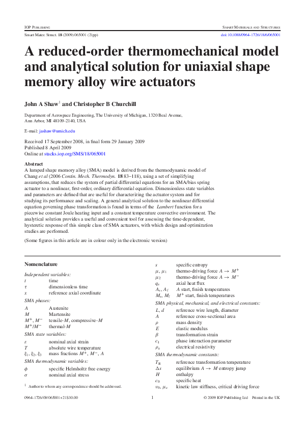 (PDF) A reduced-order thermomechanical model and analytical solution for uniaxial shape memory ...