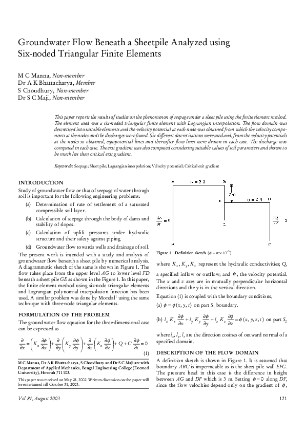 (PDF) Groundwater Flow Beneath a Sheetpile Analyzed using Six-noded Triangular Finite Elements