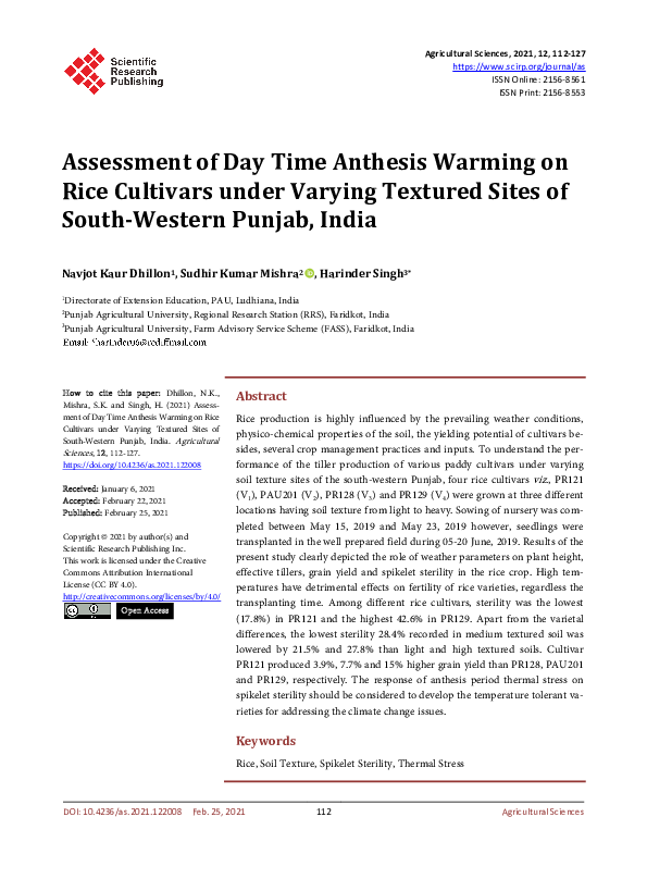 (PDF) Assessment of Day Time Anthesis Warming on Rice Cultivars under ...
