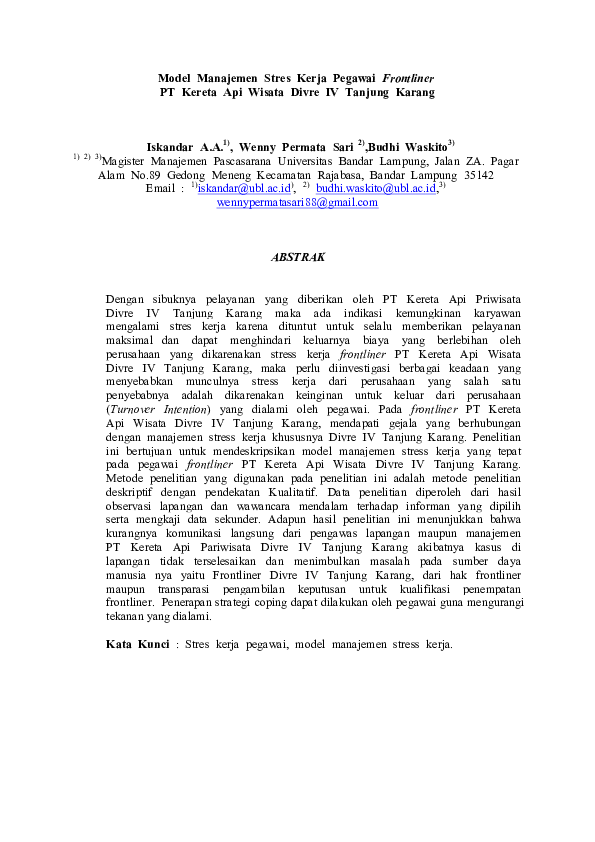 (PDF) Modell Manajemenl Stresl Kerjal Pegawail Frontlinerl PTl Keretal Apil Wisatal Divrel IVl ...
