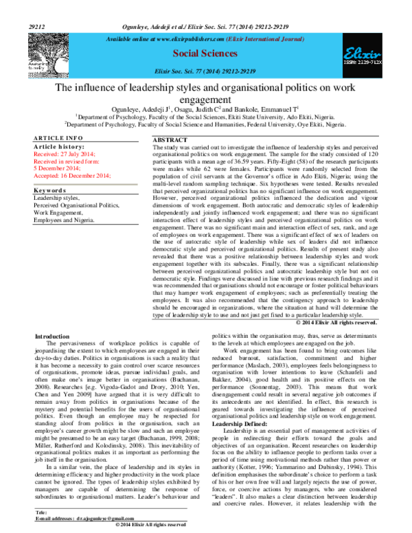 (PDF) The influence of leadership styles and organisational politics on ...