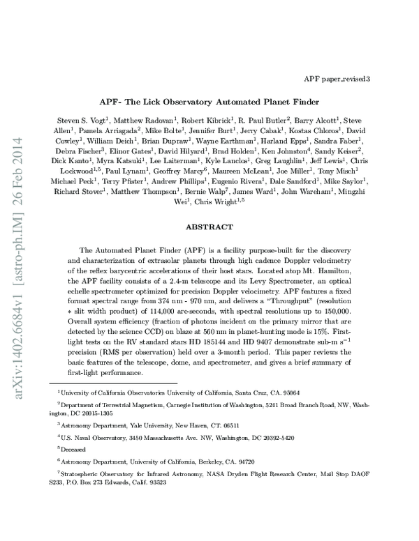 (PDF) APF paper revised3 APF- The Lick Observatory Automated Planet Finder