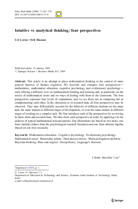 Pdf Intuitive Vs Analytical Thinking Four Perspectives