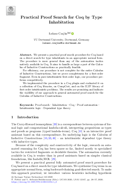 (PDF) Practical Proof Search for Coq by Type Inhabitation