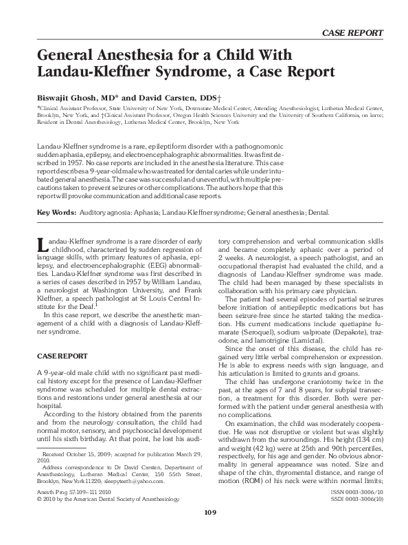 (PDF) General Anesthesia for a Child With Landau-Kleffner Syndrome, a ...