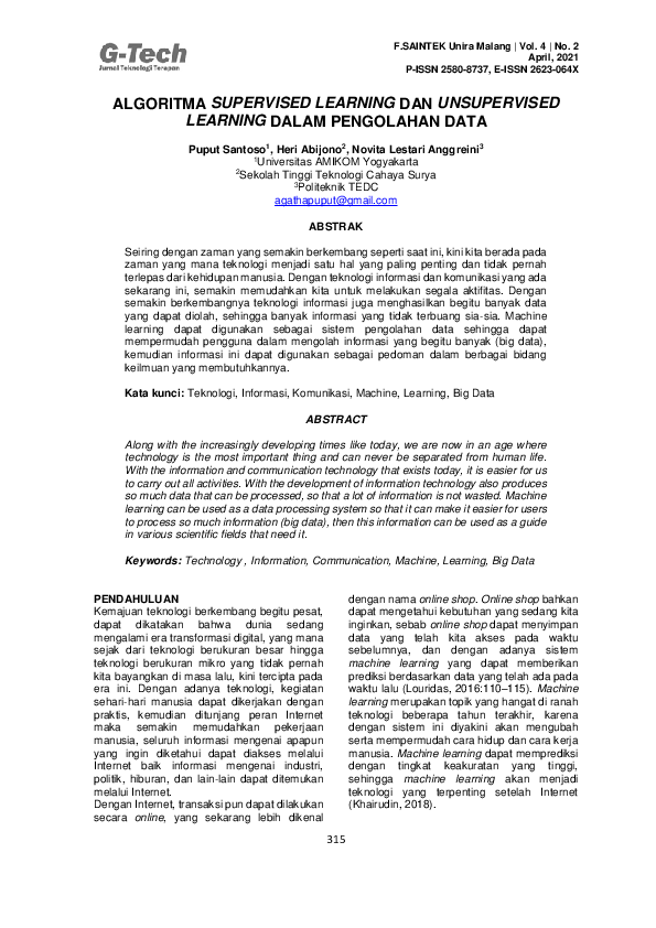Pdf Algoritma Supervised Learning Dan Unsupervised Learning Dalam