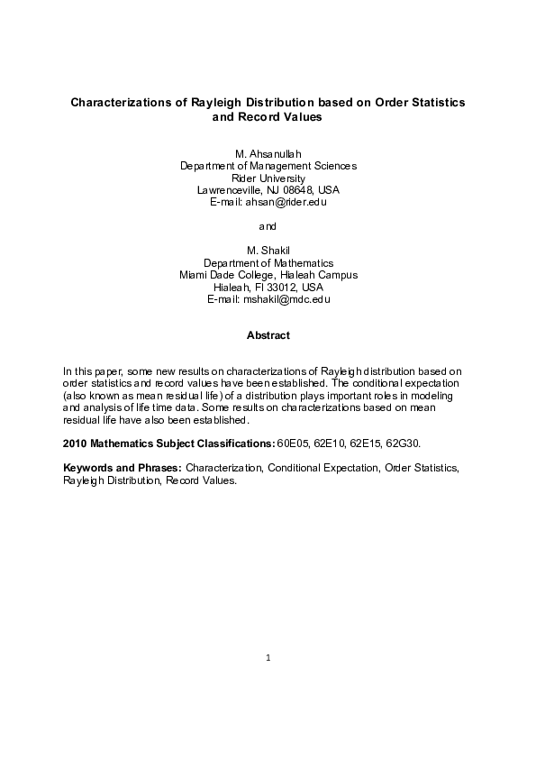 (PDF) Characterizations of Rayleigh Distribution Based on Order Statistics and Record Values