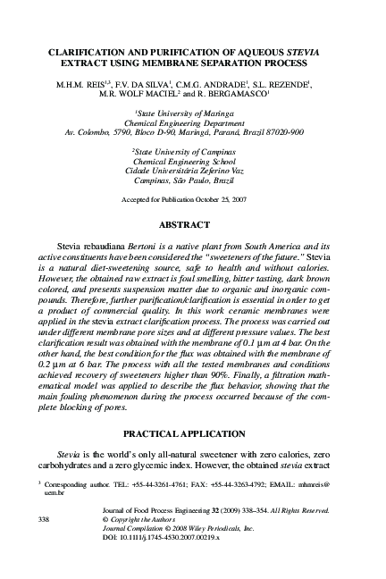 Pdf Clarification And Purification Of Aqueous Stevia Extract Using Membrane Separation Process