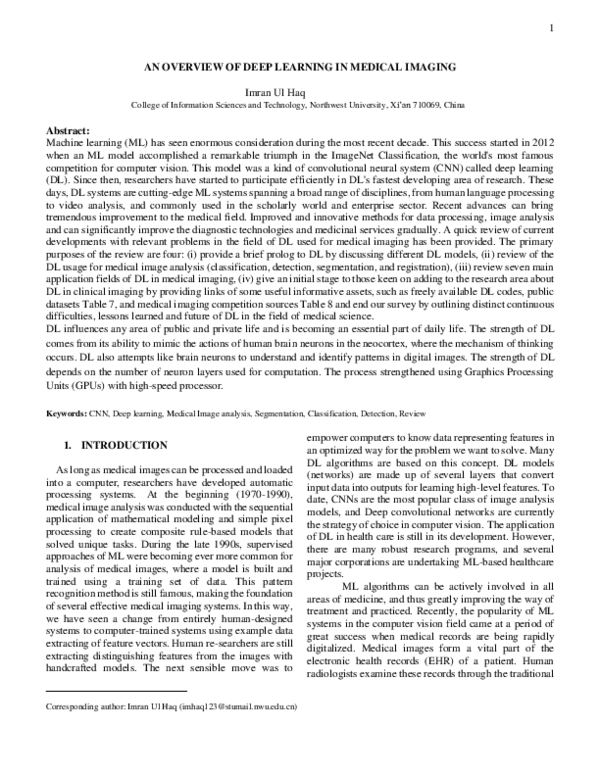 (PDF) An overview of deep learning in medical imaging