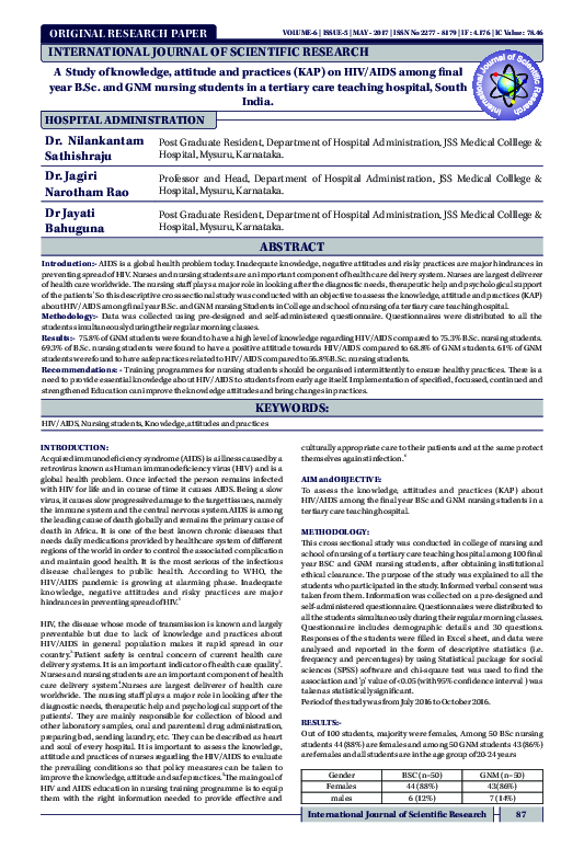 (PDF) A Study of knowledge, attitude and practices (KAP) on HIV/AIDS among final year B.Sc. and ...