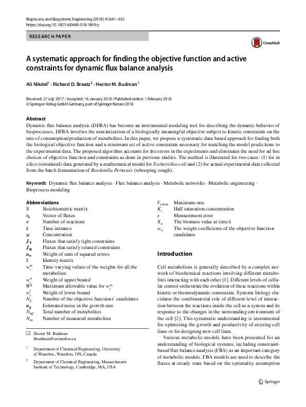 Pdf A Systematic Approach For Finding The Objective Function And Active Constraints For