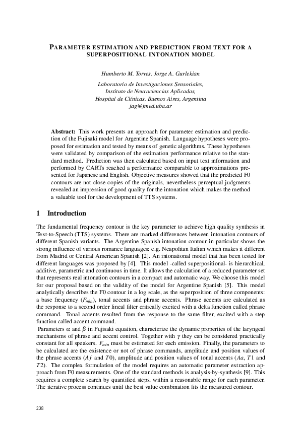 Pdf Parameter Estimation And Prediction From Text For A Superpositional Intonation Model
