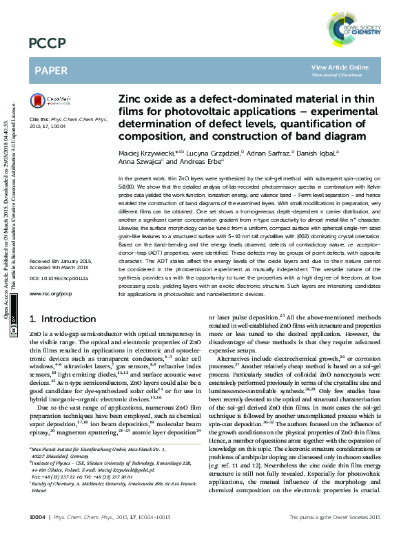 Zinc oxide as a defect-dominated material in thin films for ...