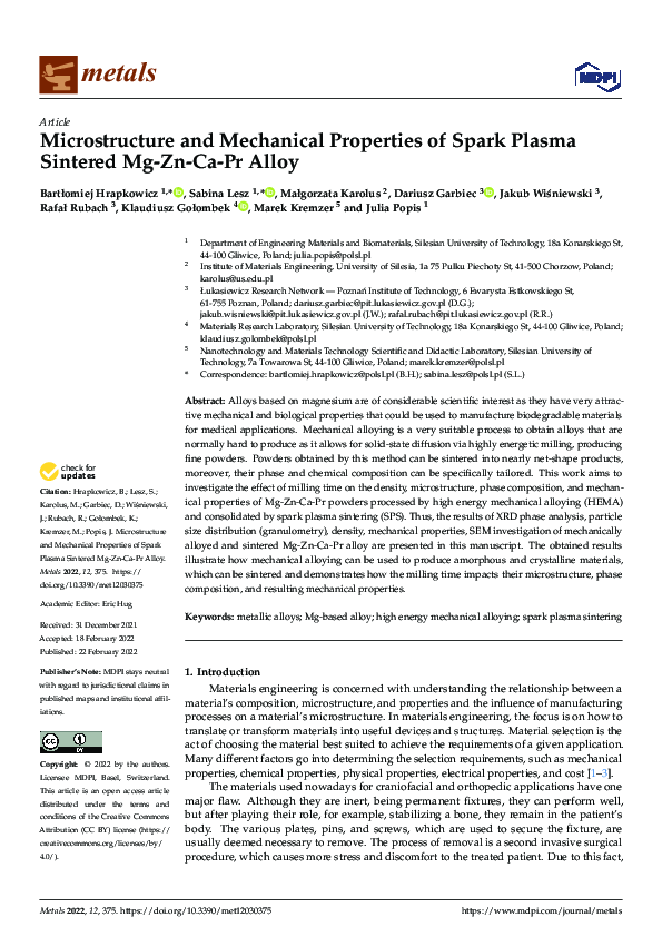 (PDF) Microstructure and Mechanical Properties of Spark Plasma Sintered Mg-Zn-Ca-Pr Alloy