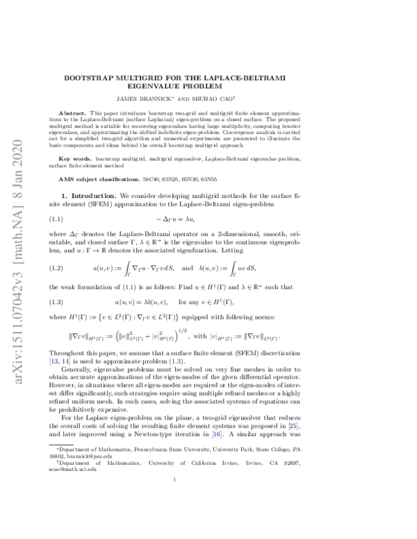 (PDF) Bootstrap Multigrid for the Shifted Laplace-Beltrami Eigenvalue Problem | James Brannick ...