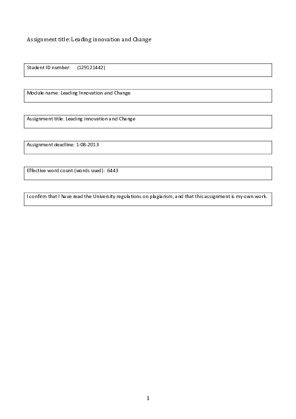 (PDF) Assignment title: Leading innovation and Change