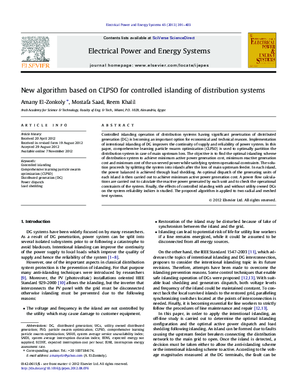 (PDF) New algorithm based on CLPSO for controlled islanding of distribution systems