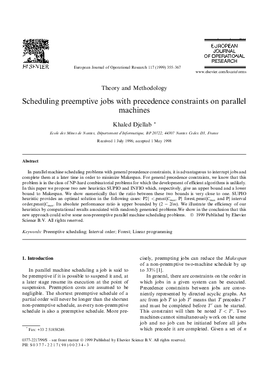 (PDF) Scheduling preemptive jobs with precedence constraints on parallel machines | khaled ...