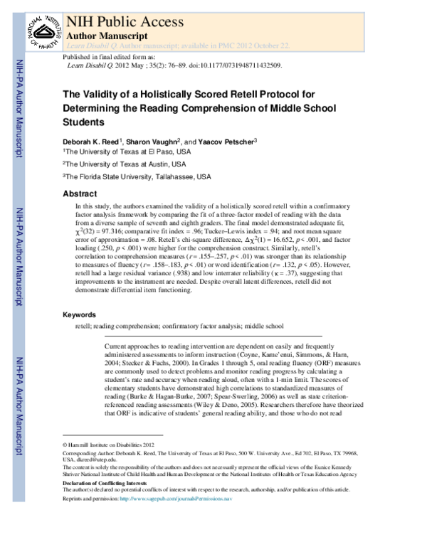 (PDF) The validity of a holistically scored retell protocol for ...