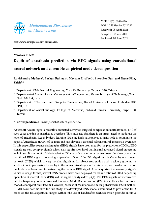 (PDF) Depth of anesthesia prediction via EEG signals using ...
