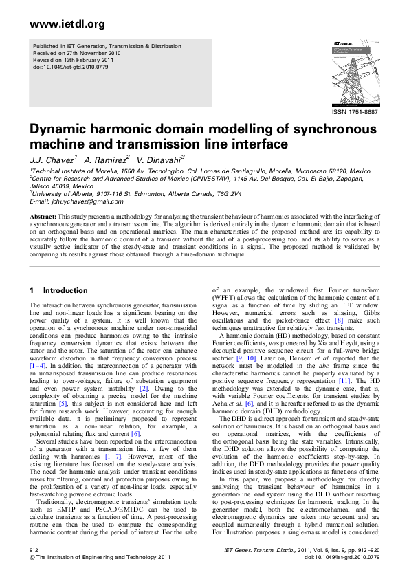 (PDF) Dynamic harmonic domain modelling of synchronous machine and transmission line interface