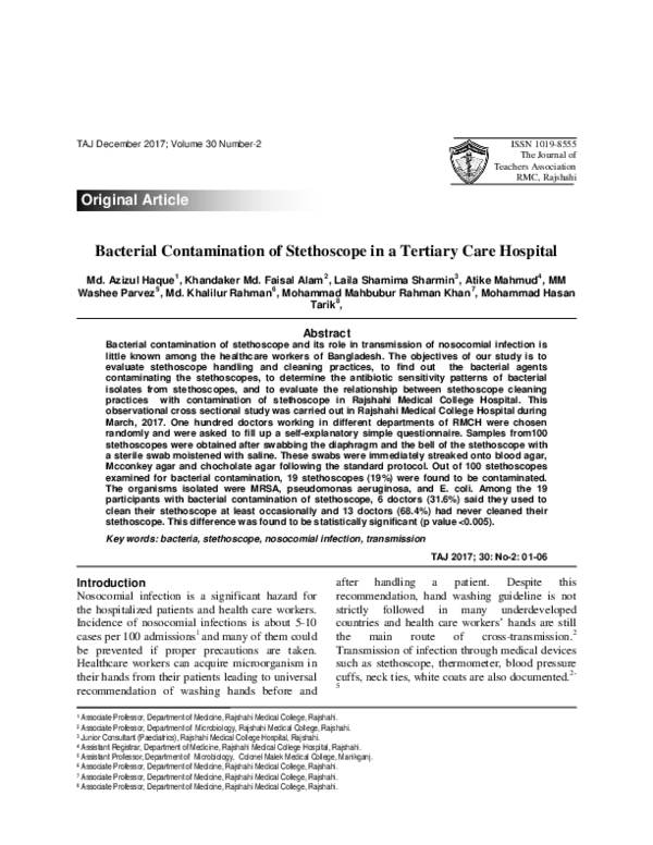 (PDF) Bacterial Contamination of Stethoscope in a Tertiary Care Hospital