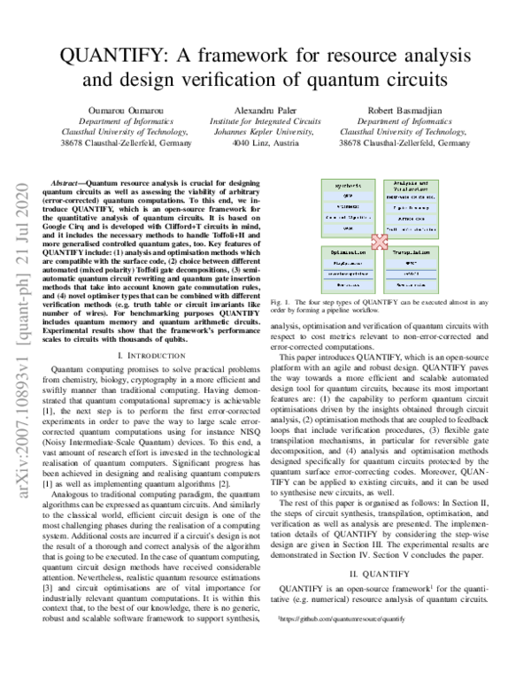 (PDF) QUANTIFY: A Framework for Resource Analysis and Design Verification of Quantum Circuits