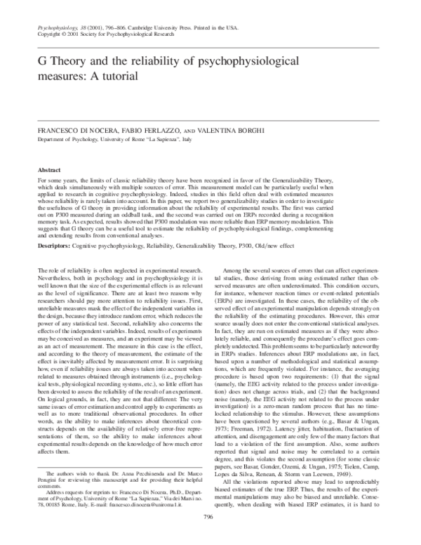 (PDF) G Theory and the reliability of psychophysiological measures: A ...