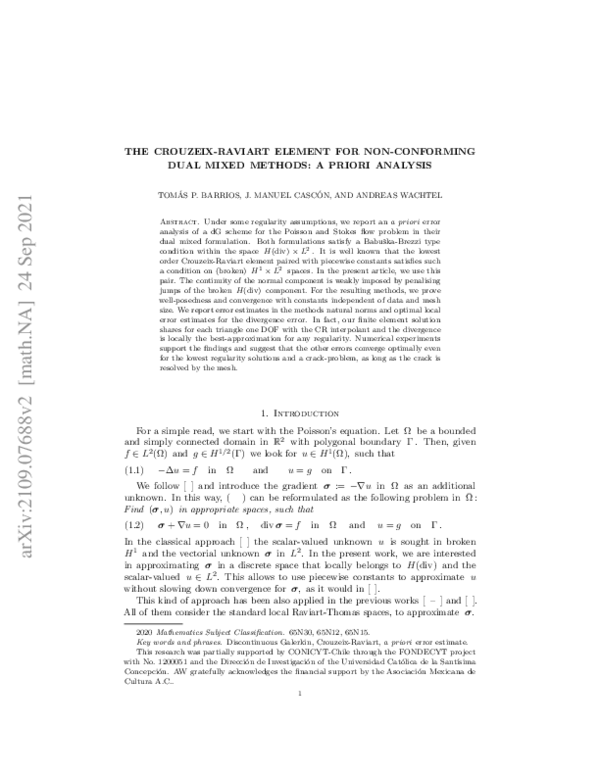 (PDF) The Crouzeix-Raviart Element for non-conforming dual mixed methods: A Priori Analysis