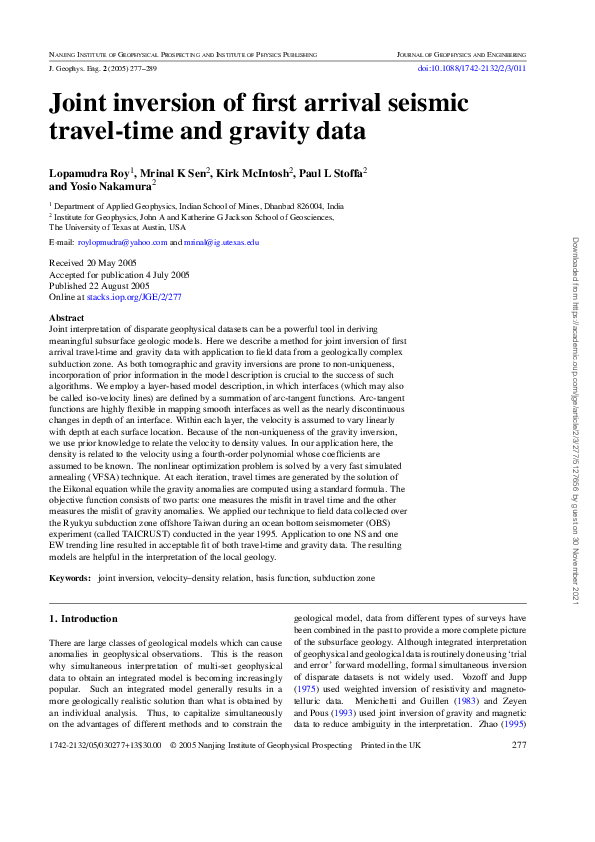 (PDF) Joint inversion of first arrival seismic travel-time and gravity data | paul stoffa ...