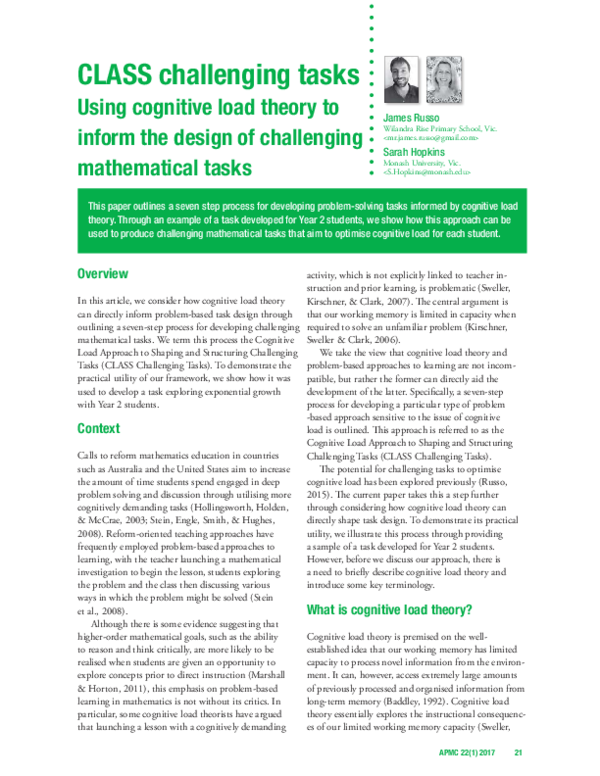 (PDF) CLASS challenging tasks: Using cognitive Load theory to inform the design of challenging ...