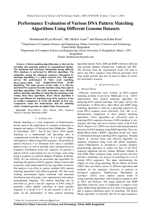 Pdf Performance Evaluation Of Various Dna Pattern Matching Algorithms