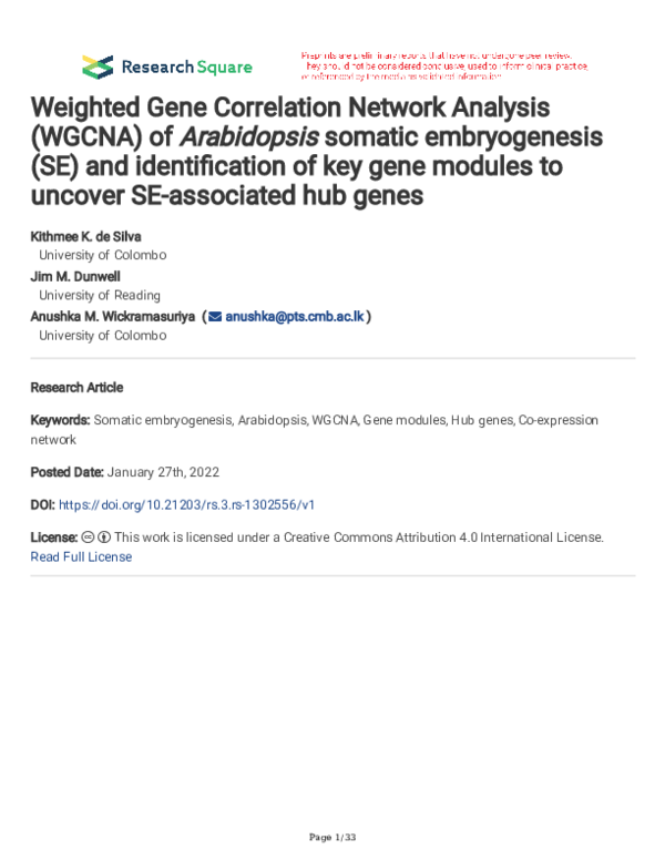 (PDF) Weighted Gene Correlation Network Analysis (WGCNA) of Arabidopsis ...