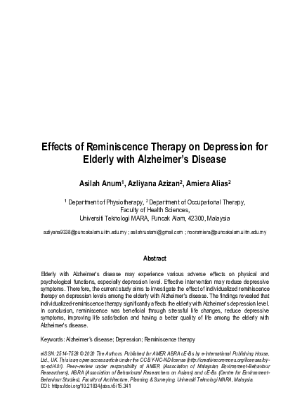 (PDF) Effects of Reminiscence Therapy on Depression for Elderly with Alzheimer’s Disease