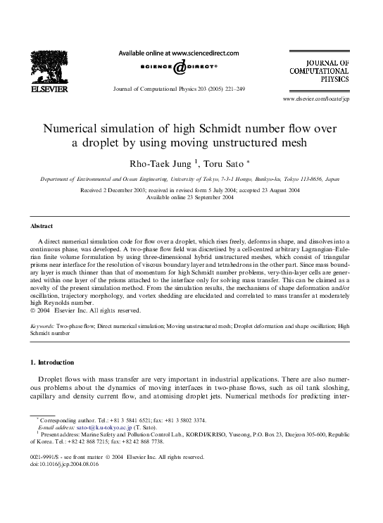 (PDF) Numerical simulation of high Schmidt number flow over a droplet by using moving ...