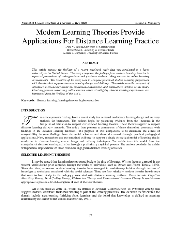 (PDF) Modern Learning Theories Provide Applications For Distance ...