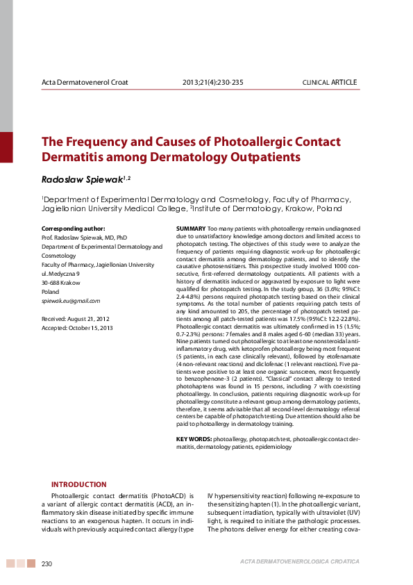 (PDF) The frequency and causes of photoallergic contact dermatitis ...