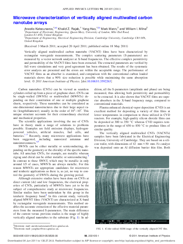 (PDF) Microwave characterization of vertically aligned multiwalled carbon nanotube arrays
