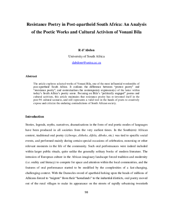 (PDF) Resistance Poetry in Post-Apartheid South Africa: An Analysis of ...