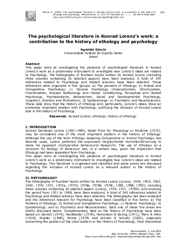 (PDF) The psychological literature in Konrad Lorenz's work: a contribution to the history of ...