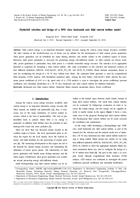 (PDF) Hydrofoil selection and design of a 50W class horizontal axis tidal current turbine model