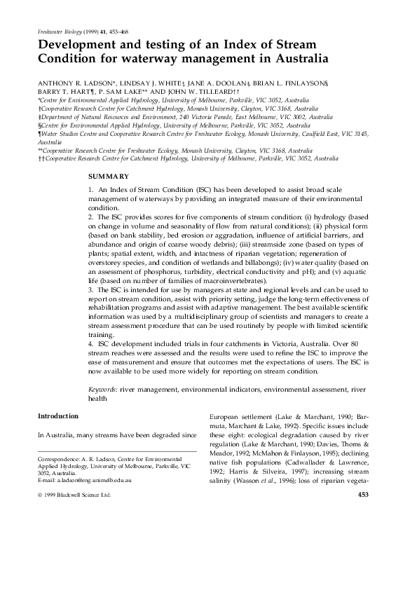 (PDF) Development and testing of an Index of Stream Condition for ...