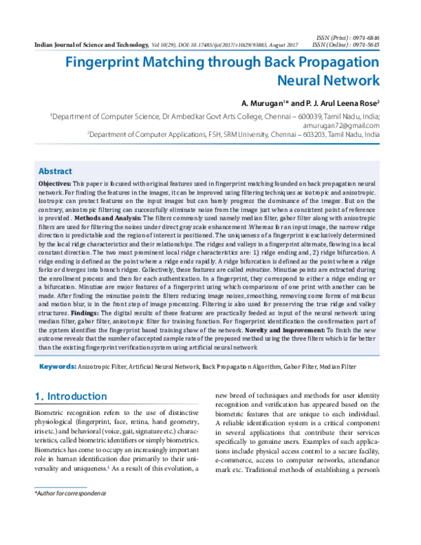 (PDF) Fingerprint Matching through Back Propagation Neural Network | Leena Rose - Academia.edu