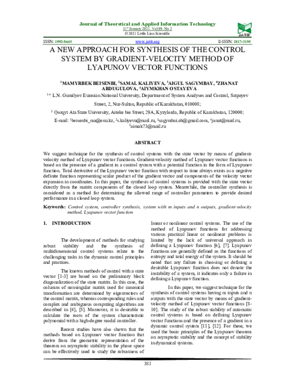 Pdf A New Approach For Synthesis Of The Control System By Gradient Velocity Method Of Lyapunov