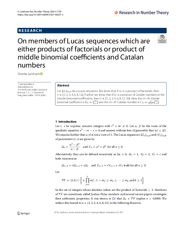 (PDF) Lucas Sequence Members as Factorial and Binomial Products