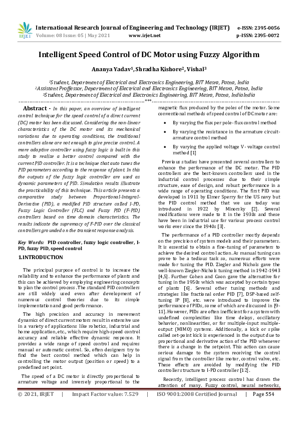 Pdf Intelligent Speed Control Of Dc Motor Using Fuzzy Algorithm