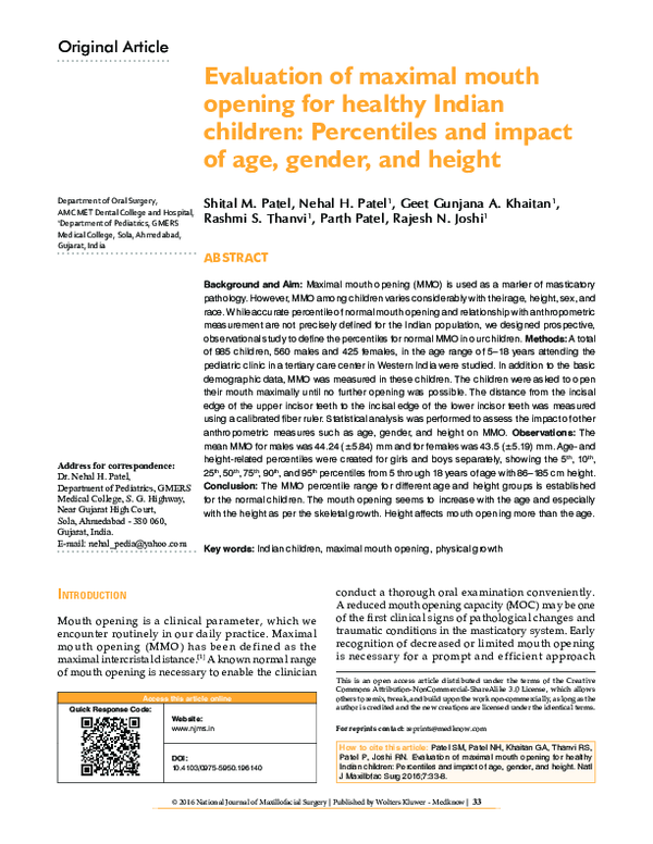 (PDF) Evaluation of maximal mouth opening for healthy Indian children ...