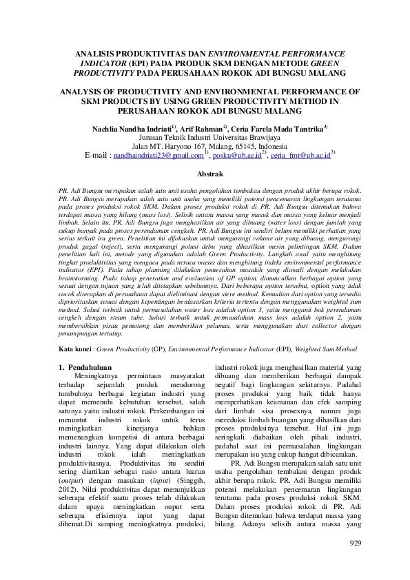 (PDF) Analisis Produktivitas Dan Environmental Performance Indicator ...